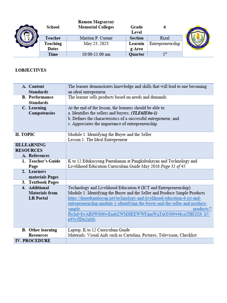 LP in Entrep 6 | PDF | Entrepreneurship | Teachers