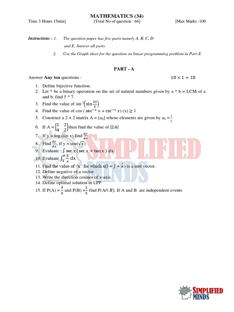 2ndPUC Full MockTest 2022 | PDF | Determinant | Matrix (Mathematics)