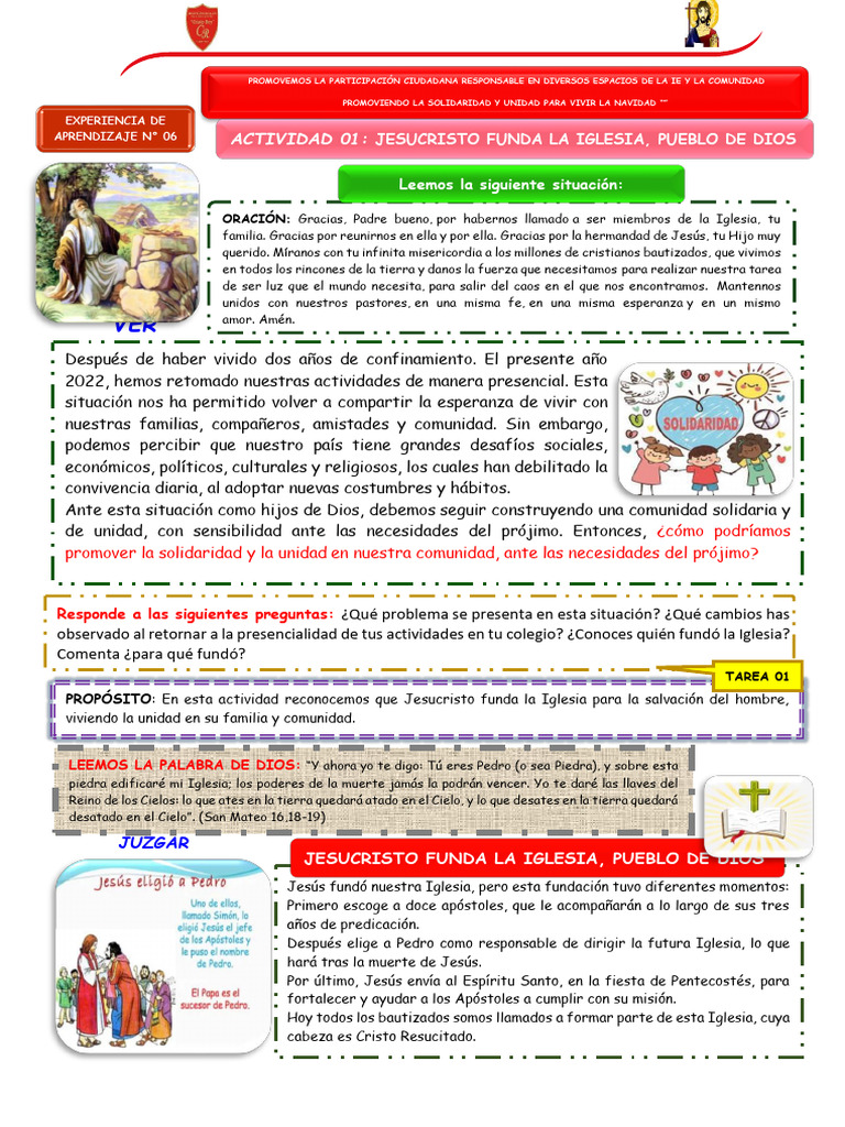 1ro ACTIVIDAD 01 Jesucristo Funda La Iglesia, Pueblo de Dios. | PDF | San Pedro | Iglesia Católica