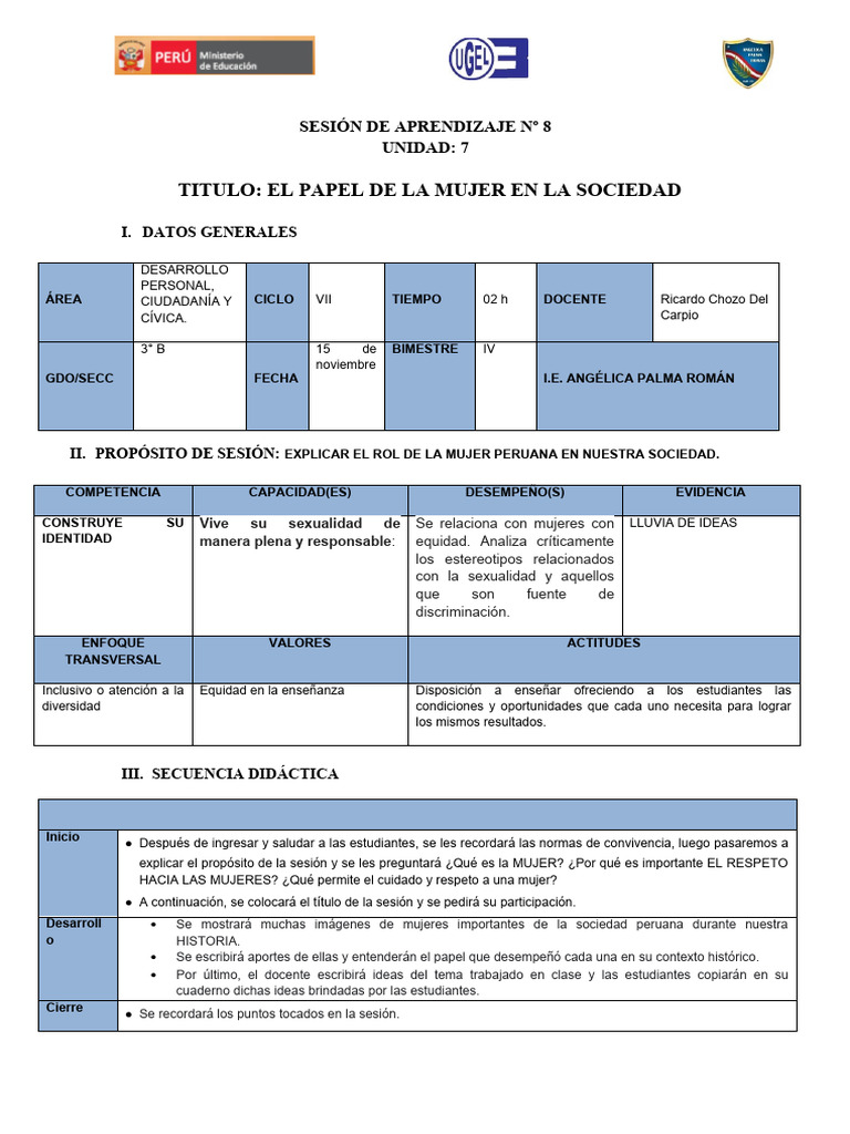 Sesión De Aprendizaje 9 Unidad 7 Dpcc Pdf Mujer Evaluación 8897
