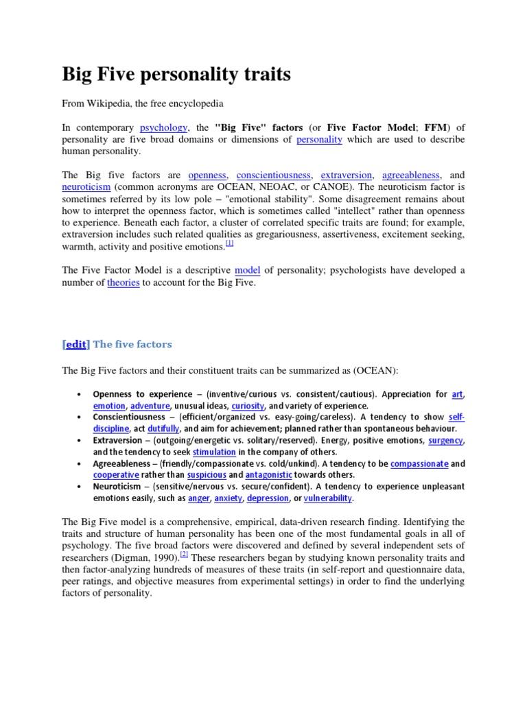 Big Five Personality Traits | PDF | Id | Extraversion And Introversion