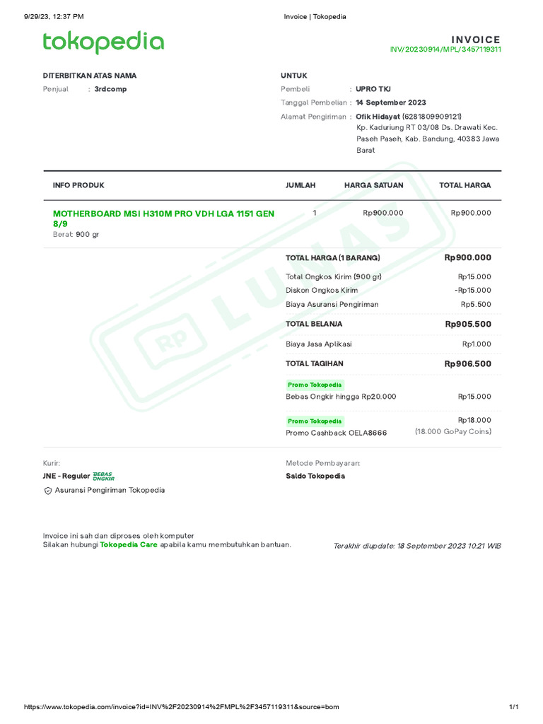 Invoice Pembelian Tokopedia | PDF