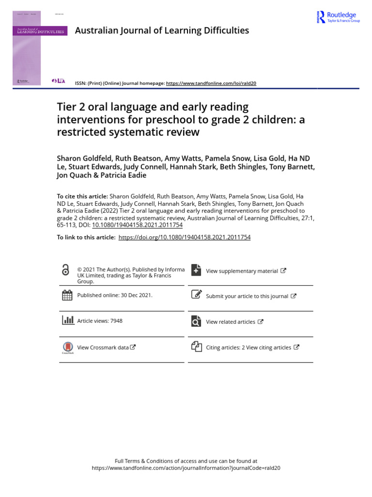 Tier 2 Oral Language and Early Reading Interventions For Preschool To Grade 2 Children A ...