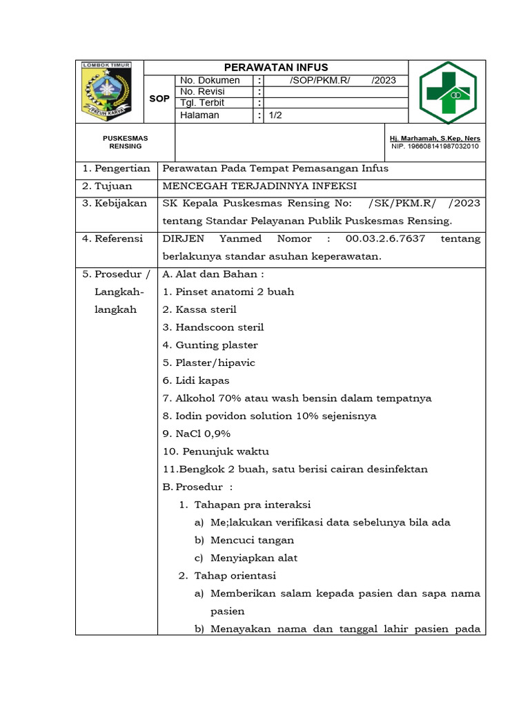 Sop Perawatan Infus | PDF