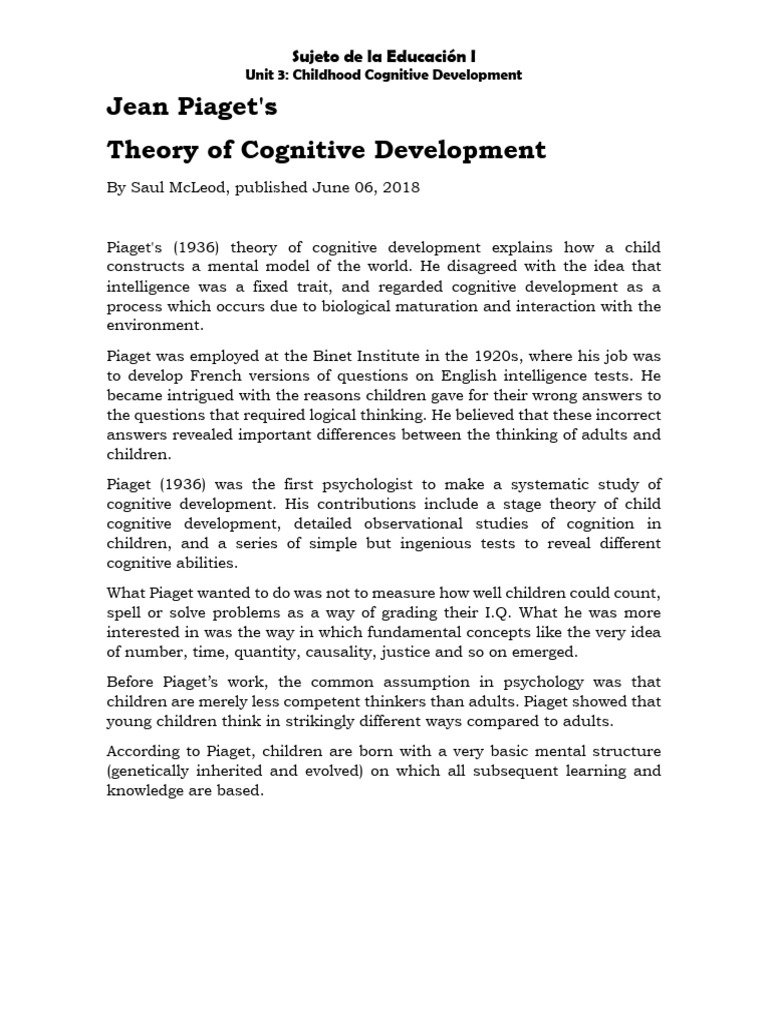 Jean Piaget - Theory of Cognitive Development | PDF | Cognitive ...