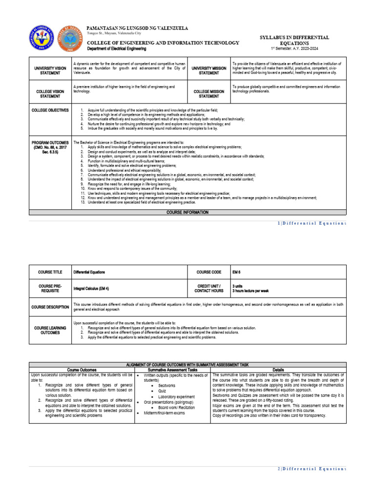 Differential Equations Course Syllabus | PDF | Equations | Differential ...