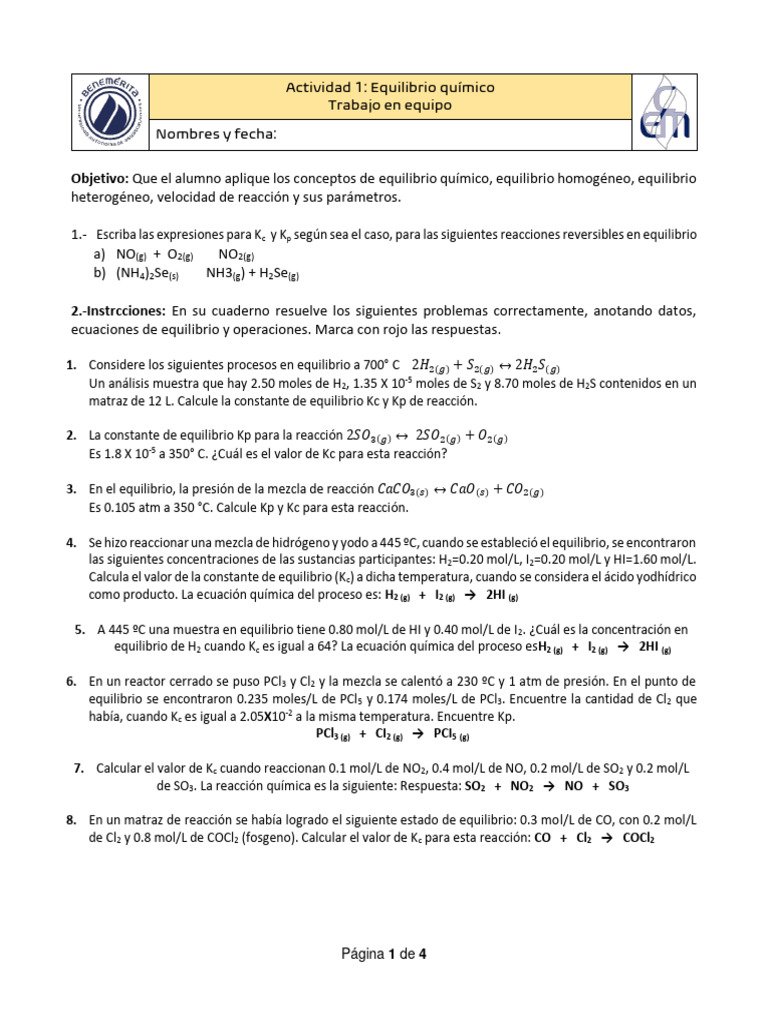 Actividad 1 Equilibrio Químico Pdf Equilibrio Químico Mole Unidad