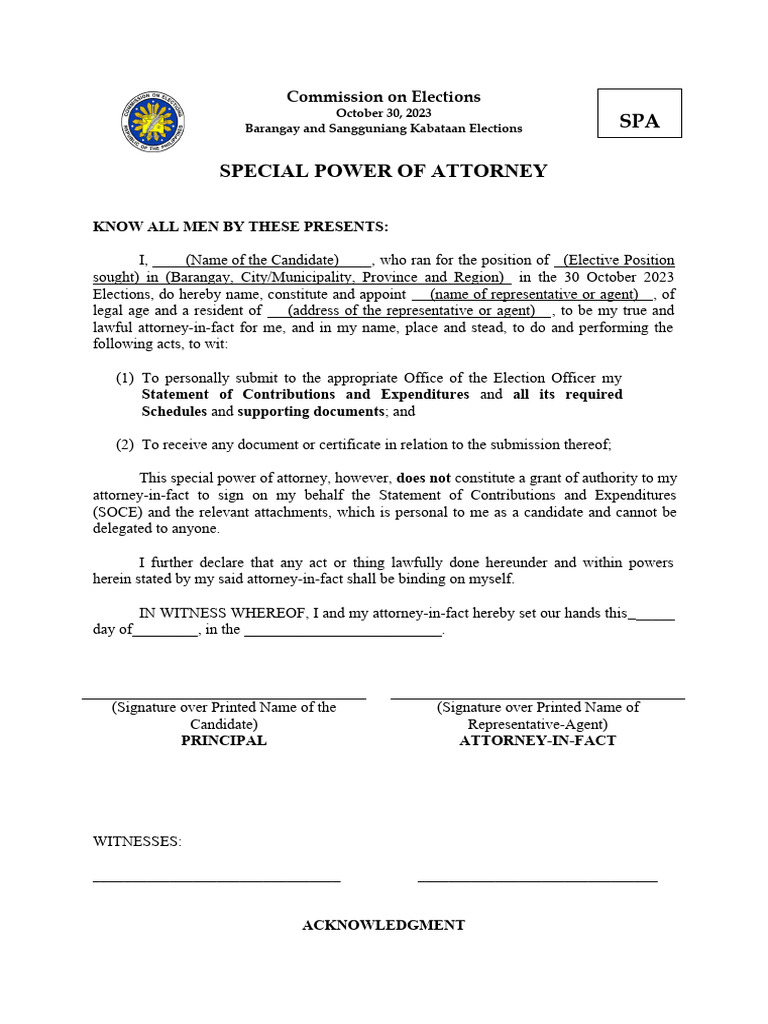 SOCEBSKE2023 SPAAuthorityto Submit SOCE | PDF | Power Of Attorney ...