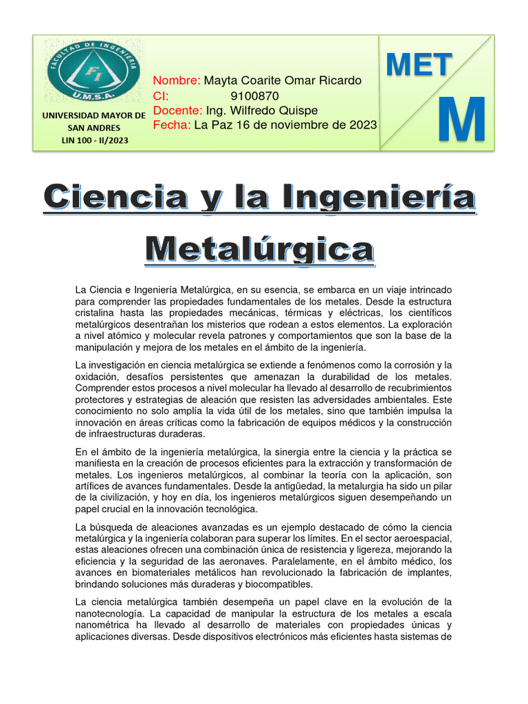 La Ciencia e Ingeniería Metalúrgica-Mayta Coarite Omar Ricardo | PDF | Metalurgia | Ingeniería