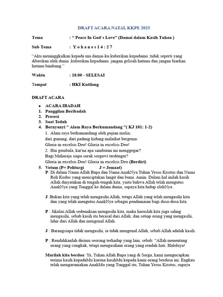 Draft Acara Natal Kkpe 2023 Selesai Bangat | PDF