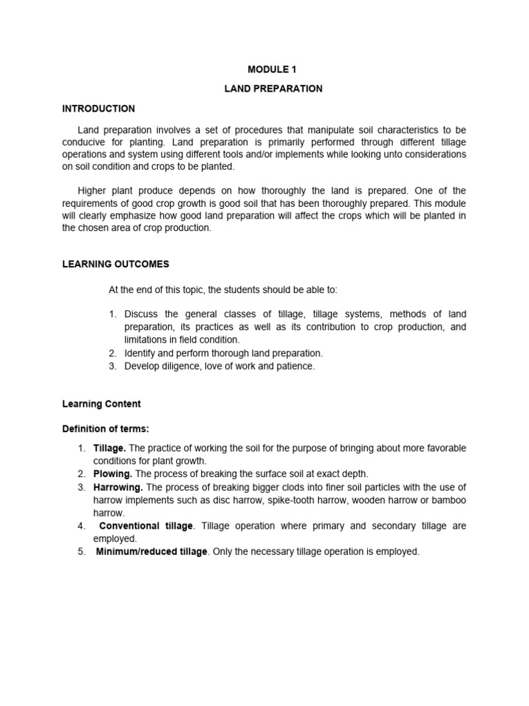 MODULE 1 Land Preparation | PDF | Tillage | Plough