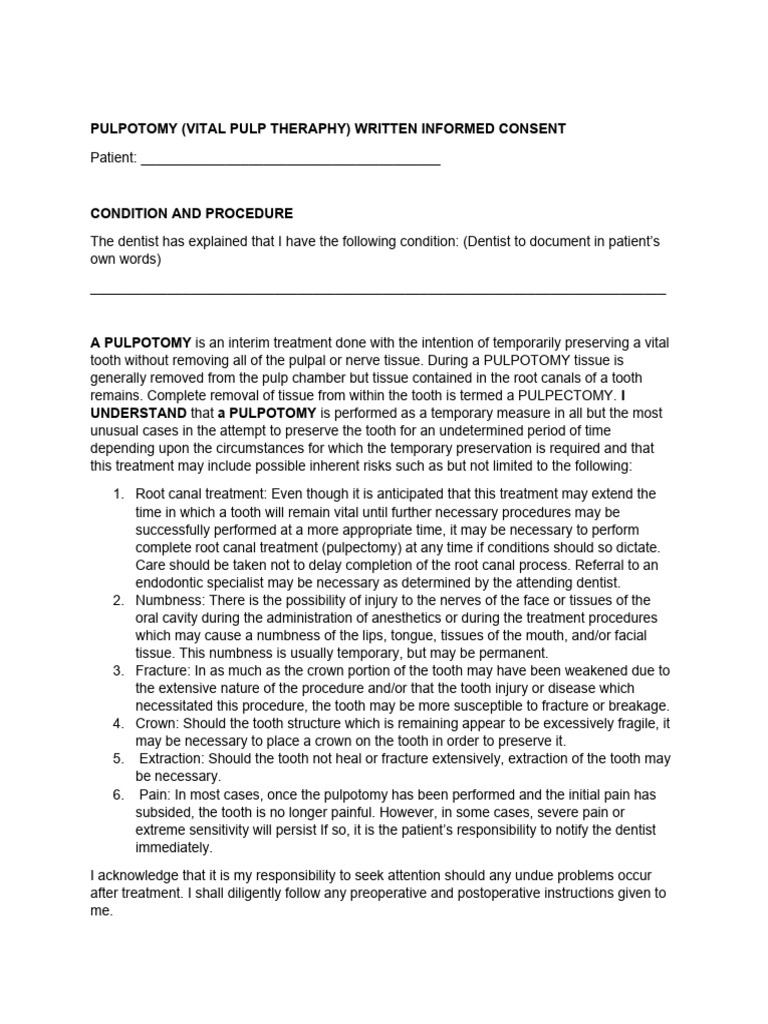Vital Pulp Theraphy Consent | PDF | Dentistry | Diseases And Disorders