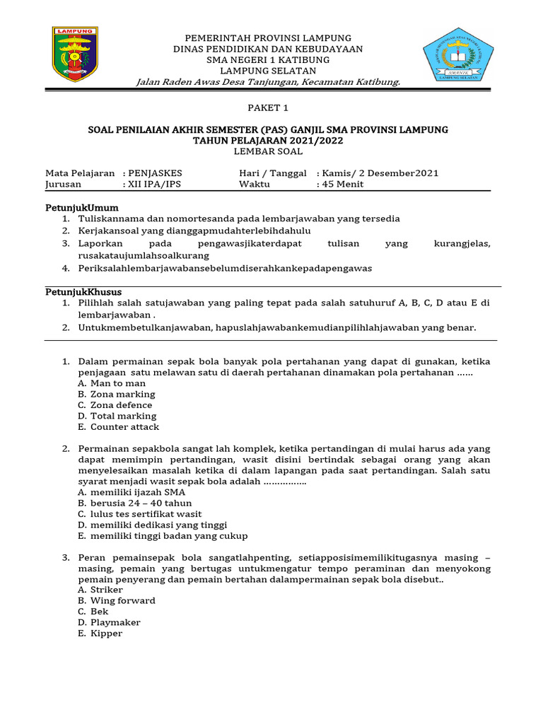 Penjaskes - Kelas Xii - Paket 1 - Pas Ganjil 2021 | PDF