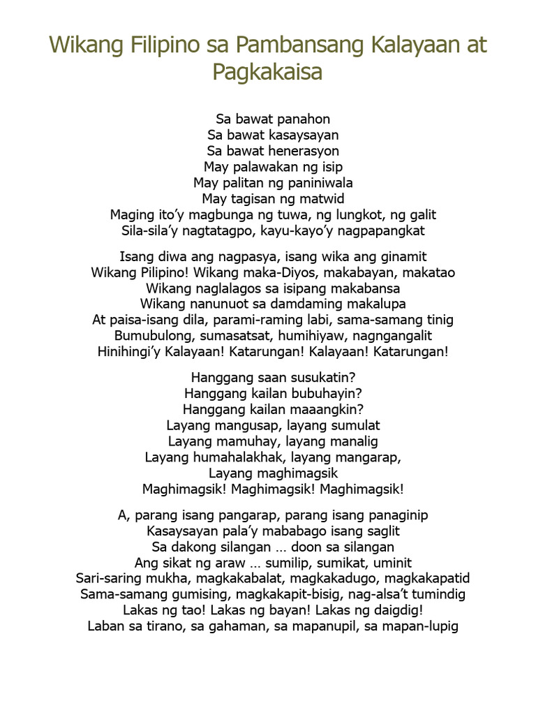 Wikang Filipino Sa Pambansang Kalayaan At Pagkakaisa Ni Pat V Pdf ...