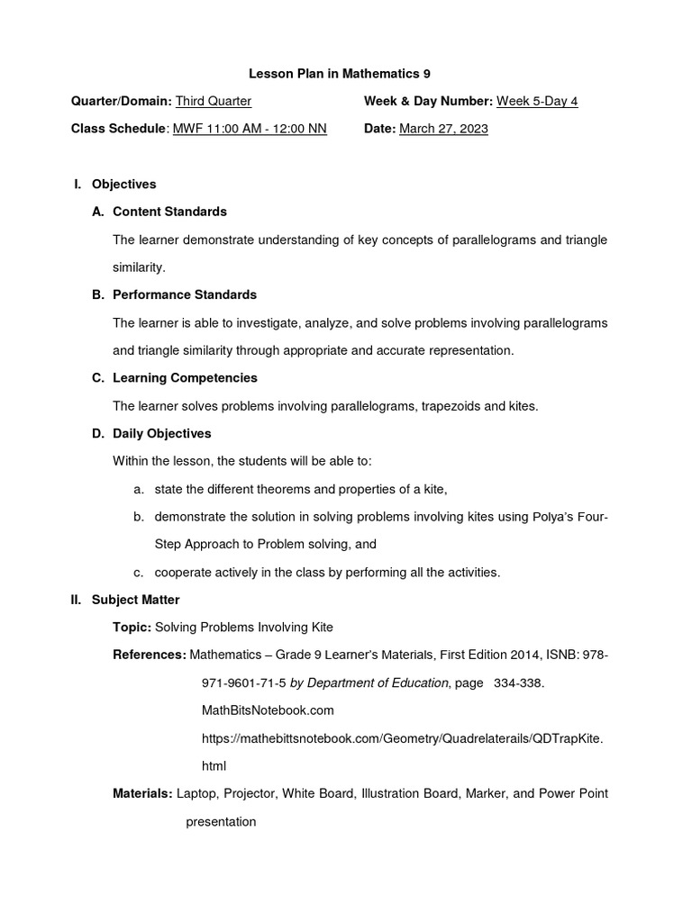 4A'S Lesson Plan - Solving Problems Involving Kite | PDF | Geometry | Geometric Shapes