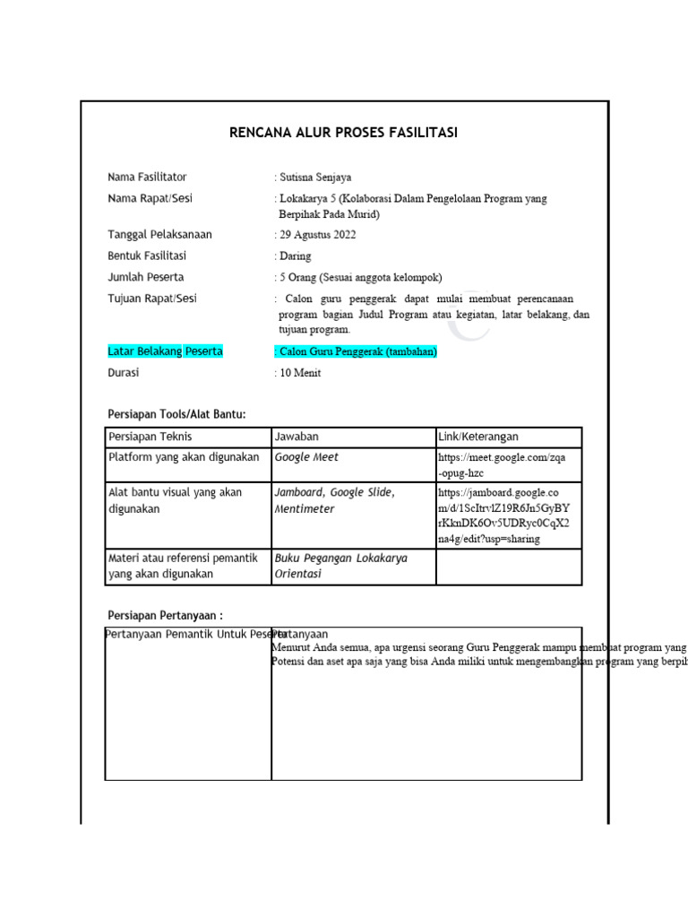 M3. Contoh Rencana Alur Proses Fasilitasi Daring | PDF