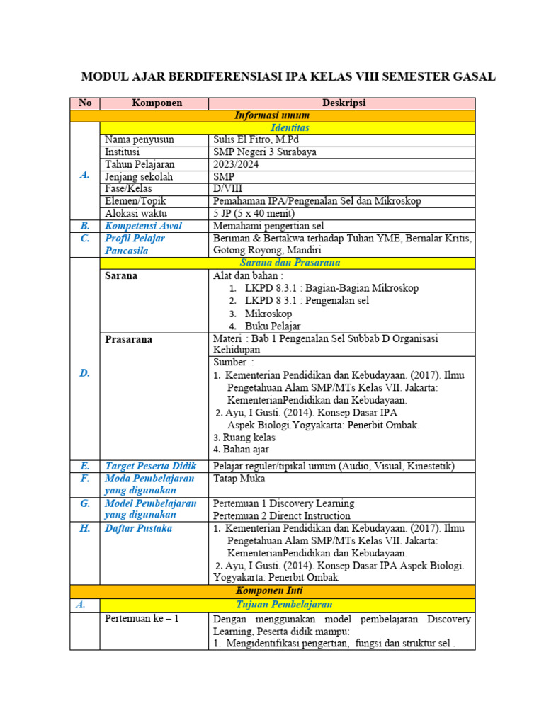 Modul Ajar IPA8 Sel Mikroskop Differensiasi | PDF