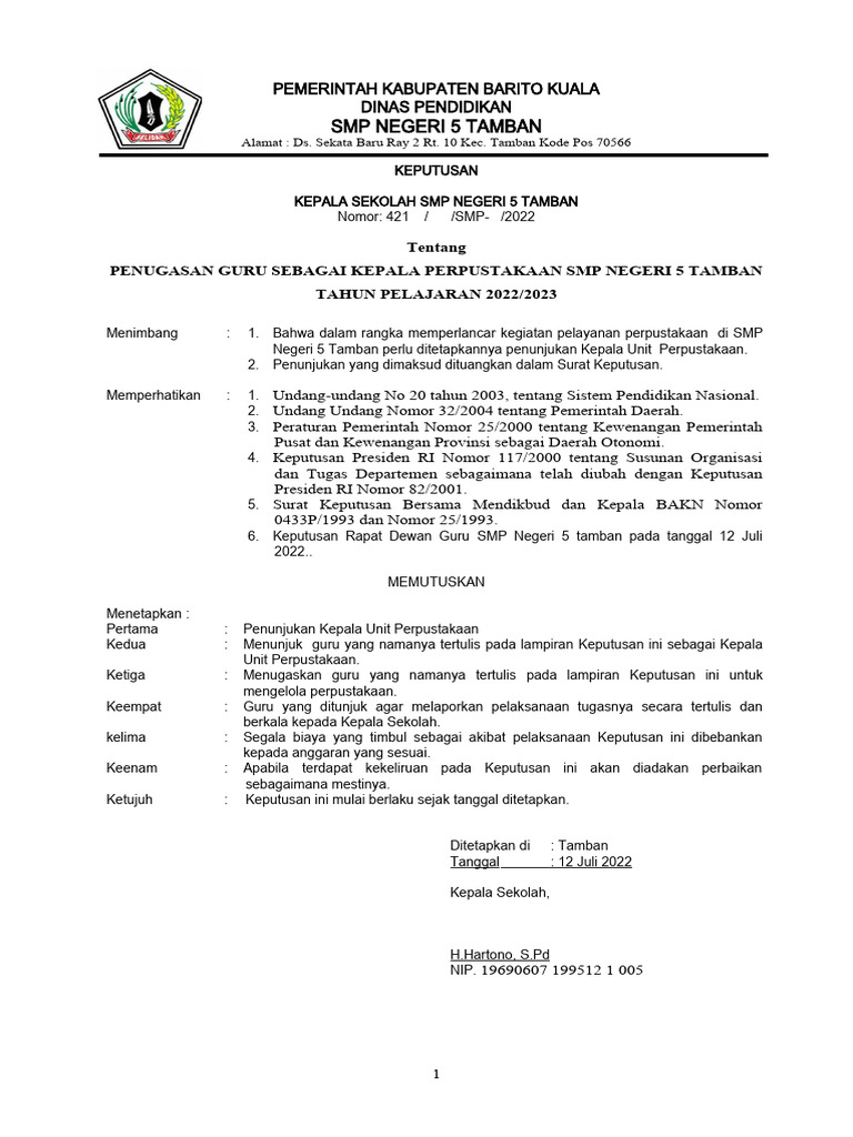 SK Pengelola Perpustakaan | PDF