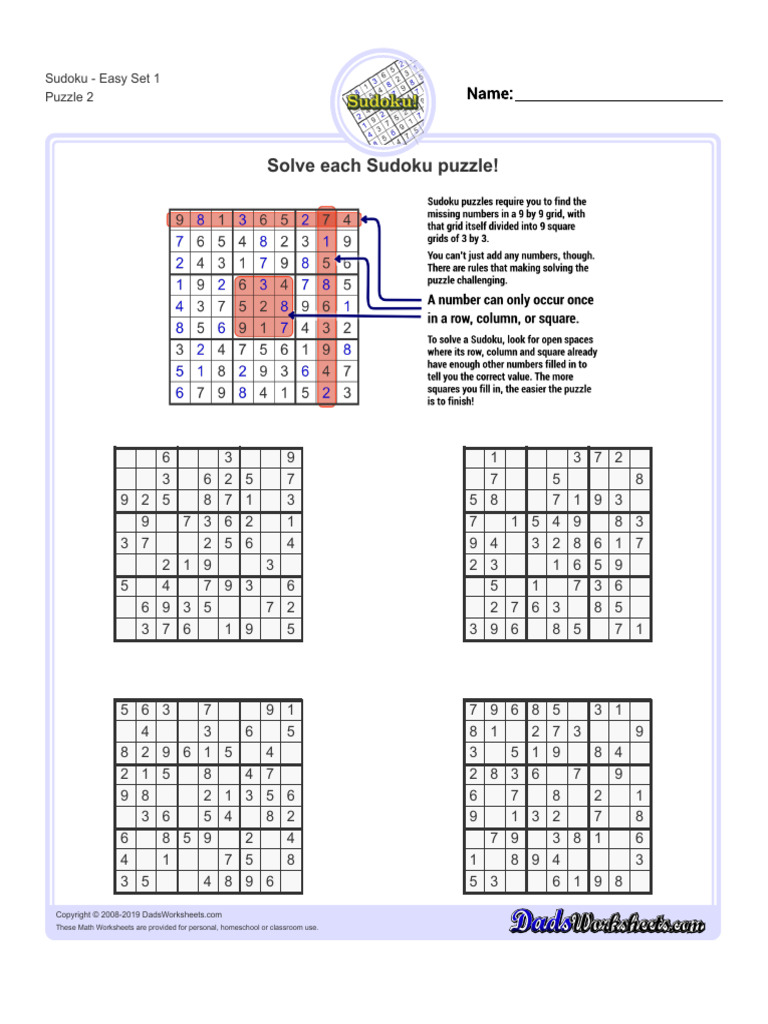 Math Worksheets_ Sudoku_ Sudoku_ Sudoku - Easy Set 1 (Second Worksheet ...