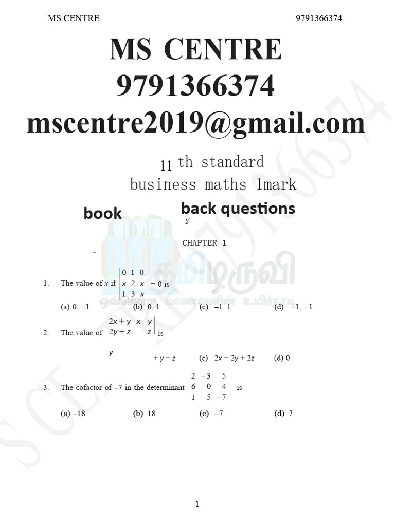 11th Business Maths Book Back 1 Mark Questions (Chapter 1 To 10) MS ...