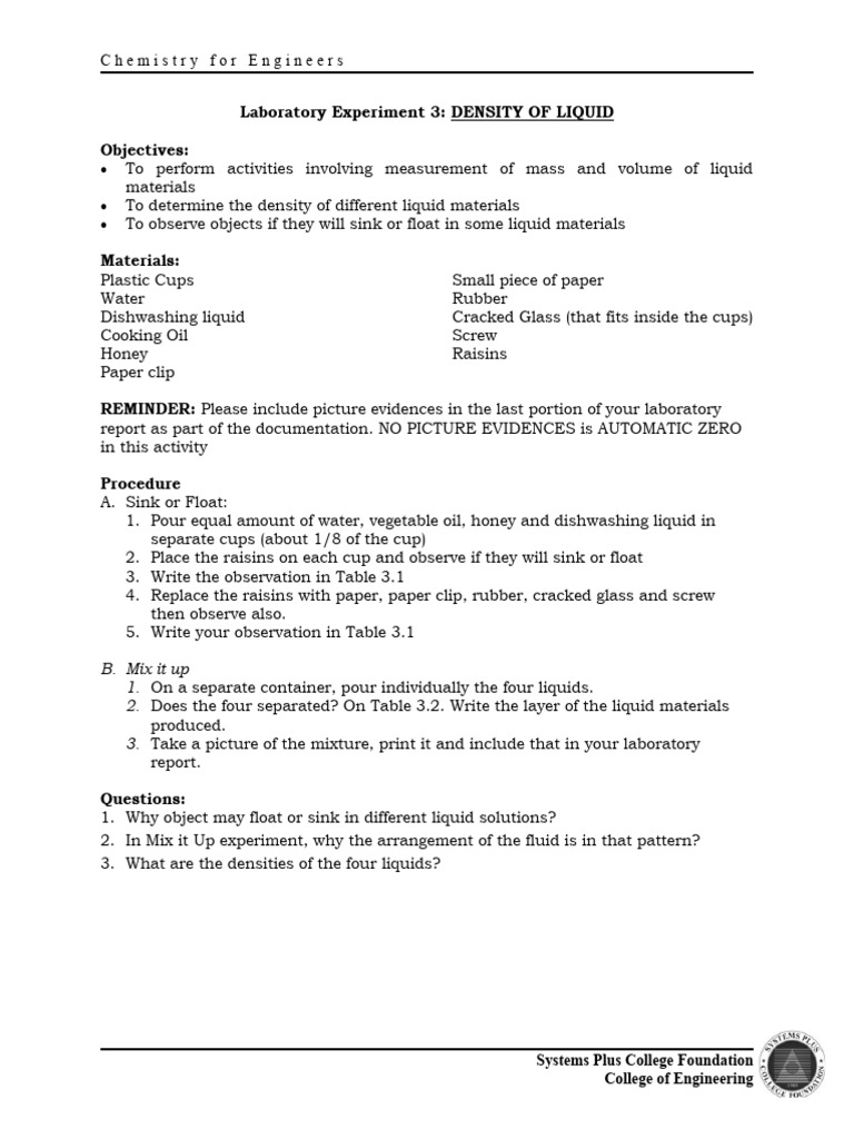 ECHEM Lab 03 Density of Liquid - Version2 | PDF | Density | Liquids