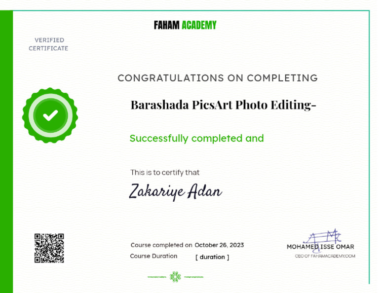 Certificate For Zakariye Adan | PDF