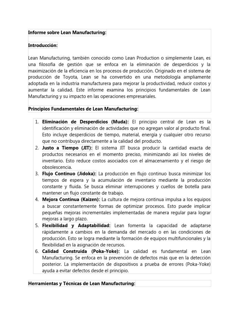 Informe Sobre Lean Manufacturing | Descargar gratis PDF | Lean Manufacturing | Calidad (comercial)