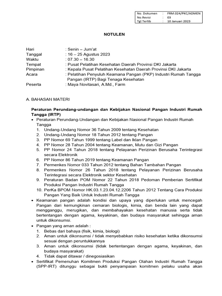 Contoh Notulen PIRT | PDF