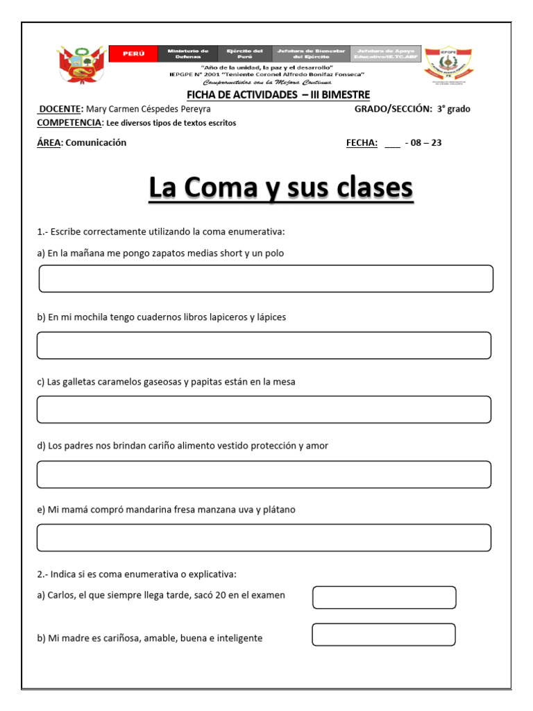 Ficha de La Coma y Sus Clases - 3er Grado - Comunicación | PDF
