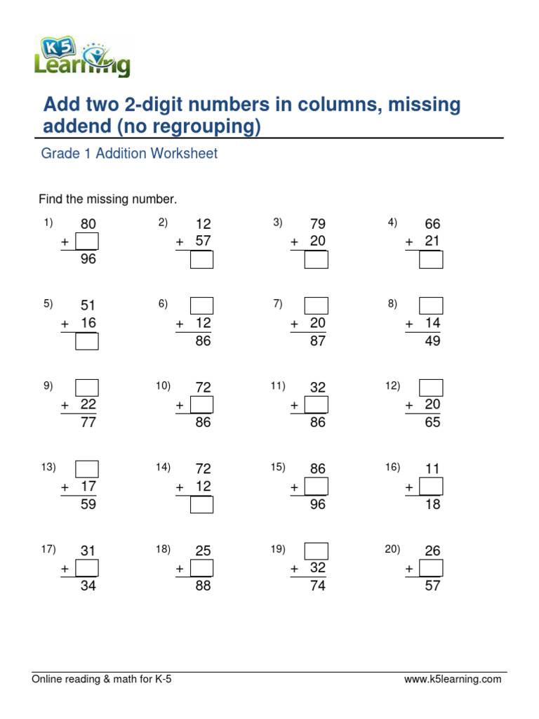 Grade 1 Add 2 2 Digit Numbers Missing Addend No Regrouping e | PDF