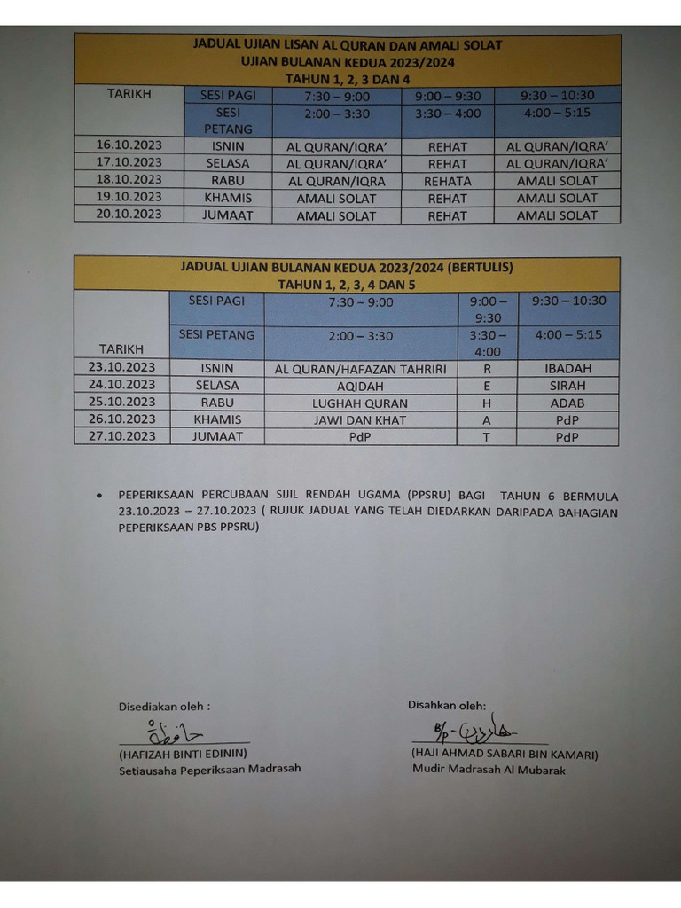 Jadual Ujian Lisan & Bertulis Ujian Bulanan Kedua | PDF