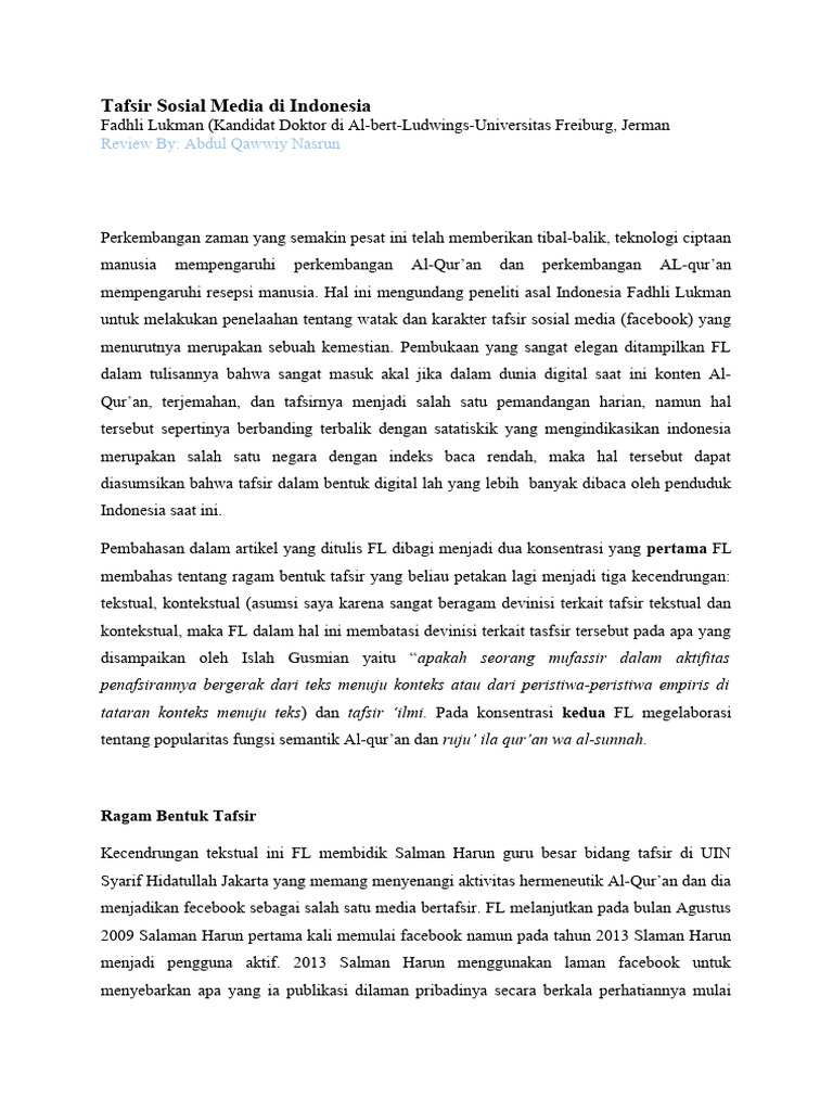 Reveiw Artikel Fadhli Lukman Tafsir Sosial Media Di Indonesia | PDF