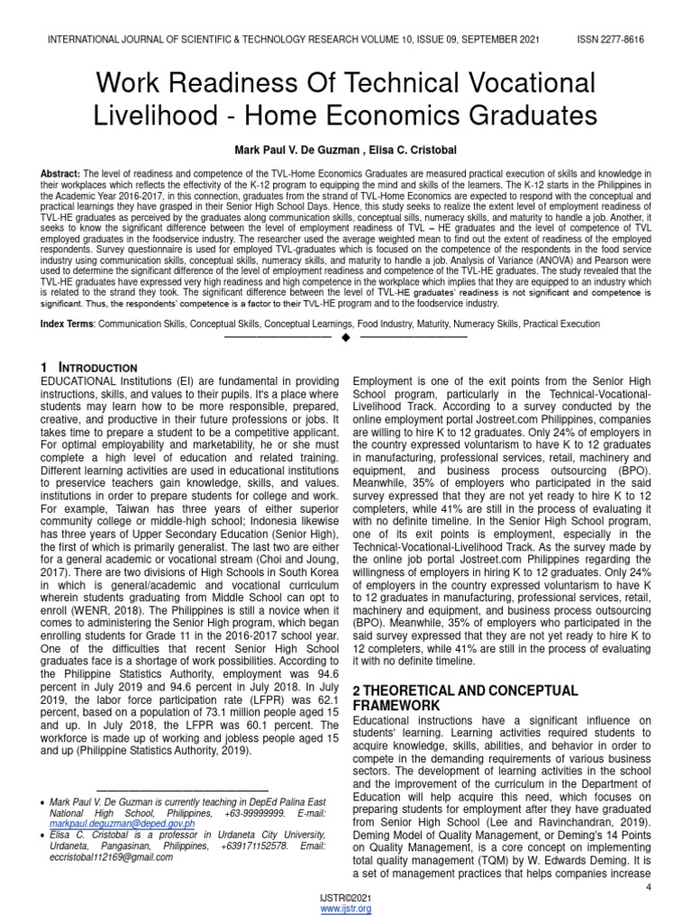 Work Readiness of TVL-Home Economics Graduates | PDF | Communication ...