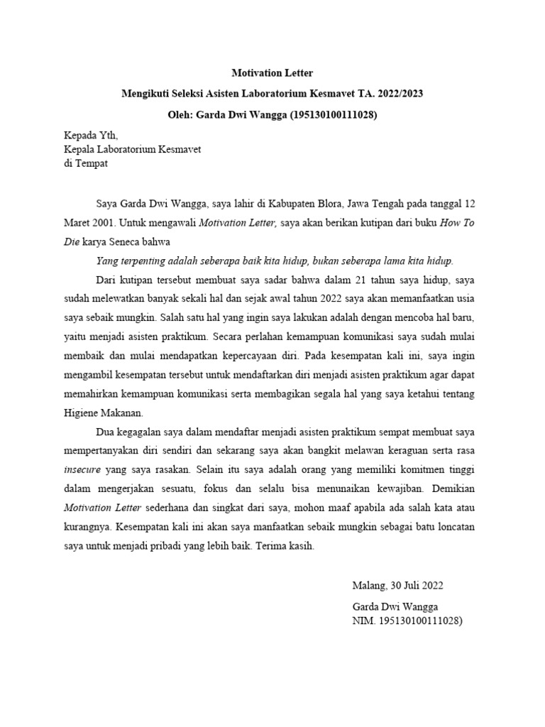 Motivation Letter - Garda Dwi Wangga | PDF