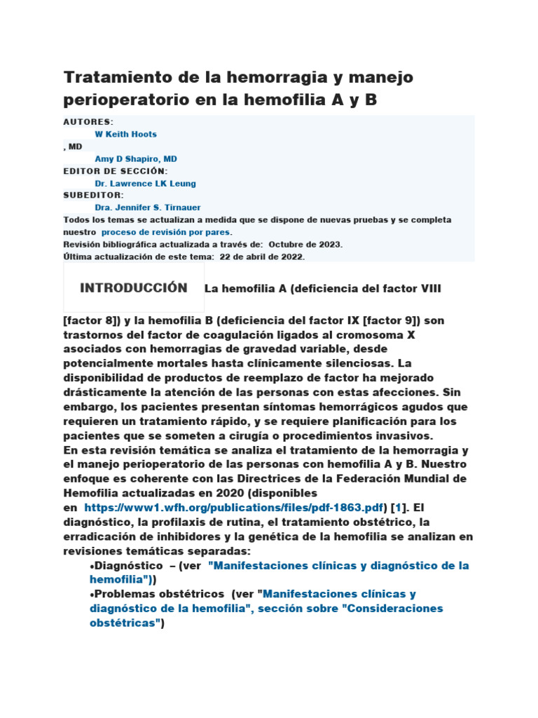 Tratamiento de La Hemorragia y Manejo Perioperatorio en La Hemofilia A y B UpToDate | PDF ...