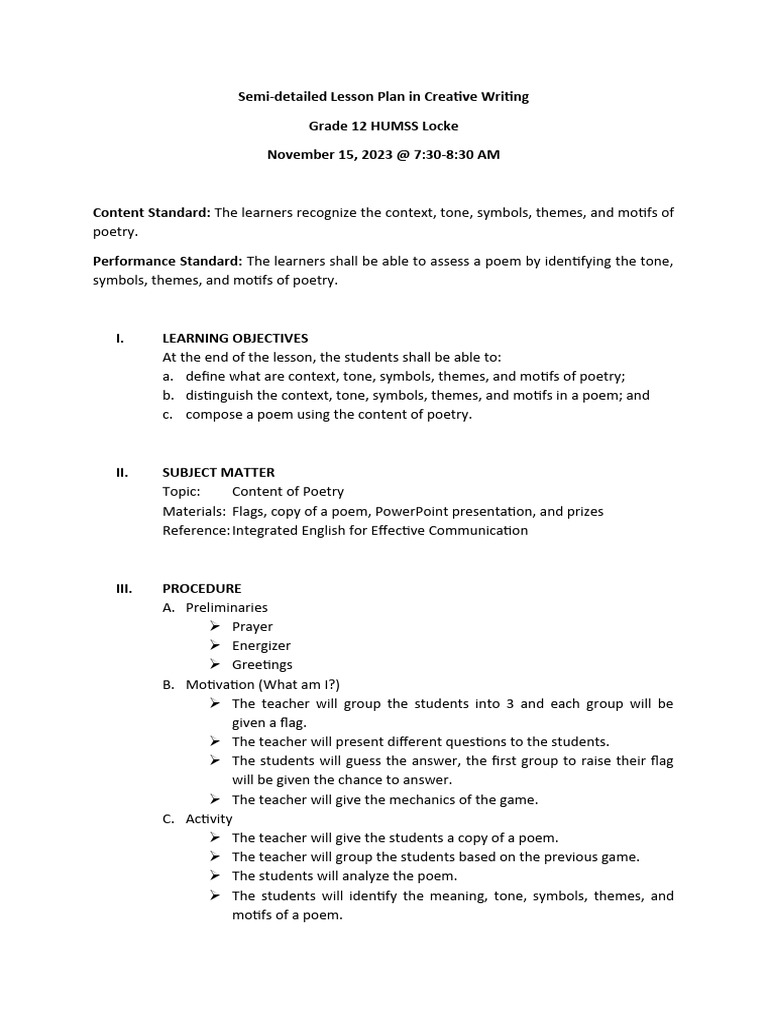 Semi Detailed LP 1 | PDF | Poetry | Teachers