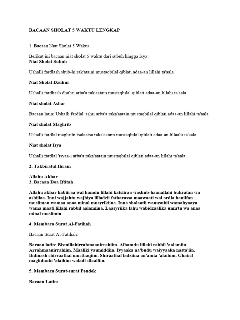 Bacaan Sholat 5 Waktu Lengkap | PDF | Semitic Words And Phrases | Islamic Jurisprudence
