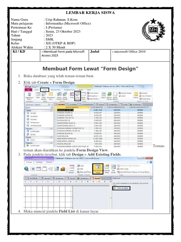 Lembar Kerja Siswa Membuat Form Pada Ms Access 2010 Xii | PDF