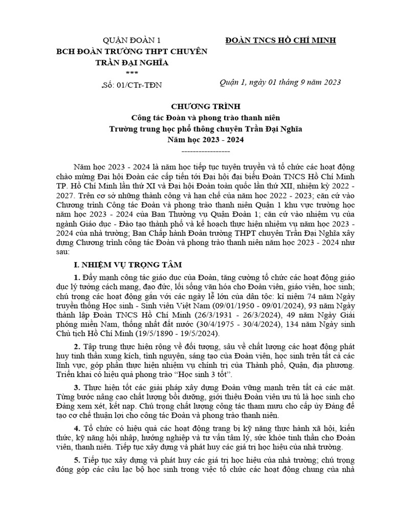 01 - CTR Công Tác Đoàn Và Phong Trào Thanh Niên Năm Học 2023 - 2024 | PDF