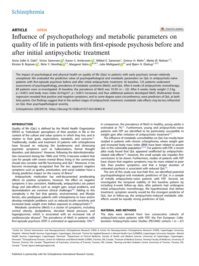 Influence of Psychopathology and Metabolic Parameters en Primeros Episodios Psicoticos | PDF ...