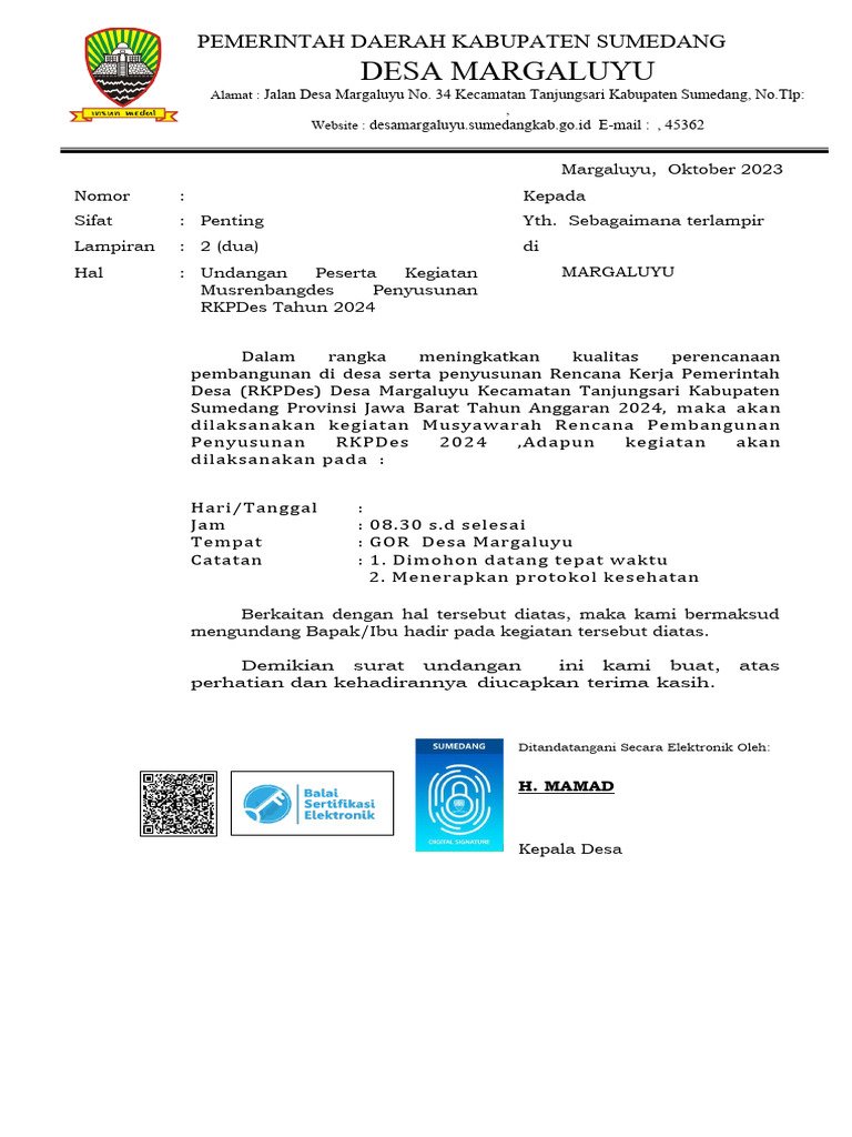 Undangan Musrenbangdes RKPDes 2024 | PDF