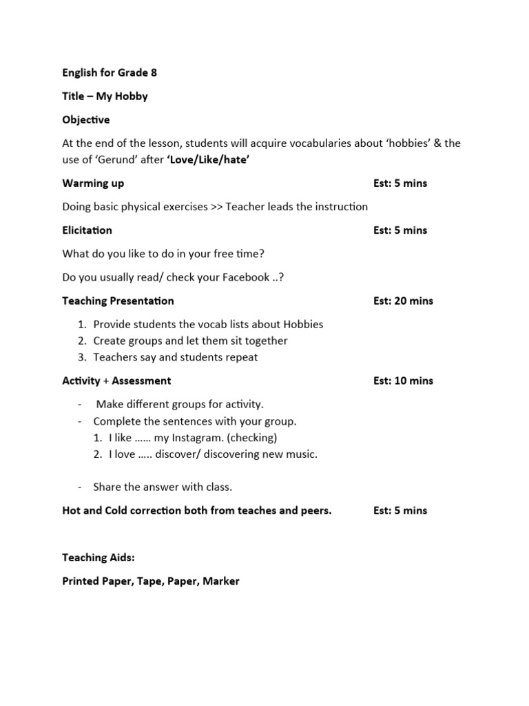 Grade 8 English: Hobbies & Gerunds | PDF