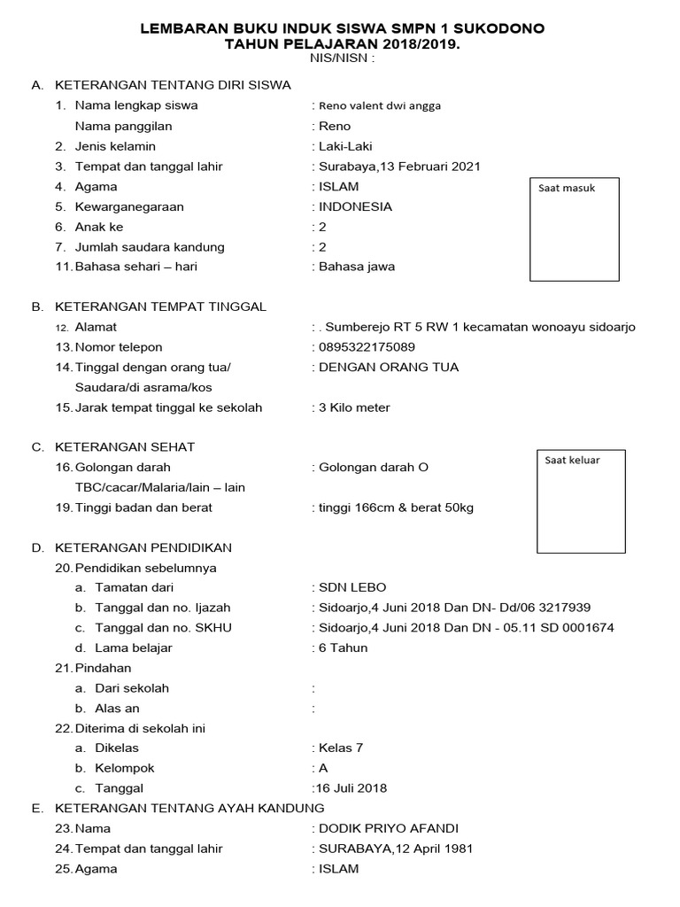 Lembaran Buku Induk Siswa SMPN 1 Sukodon1 | PDF