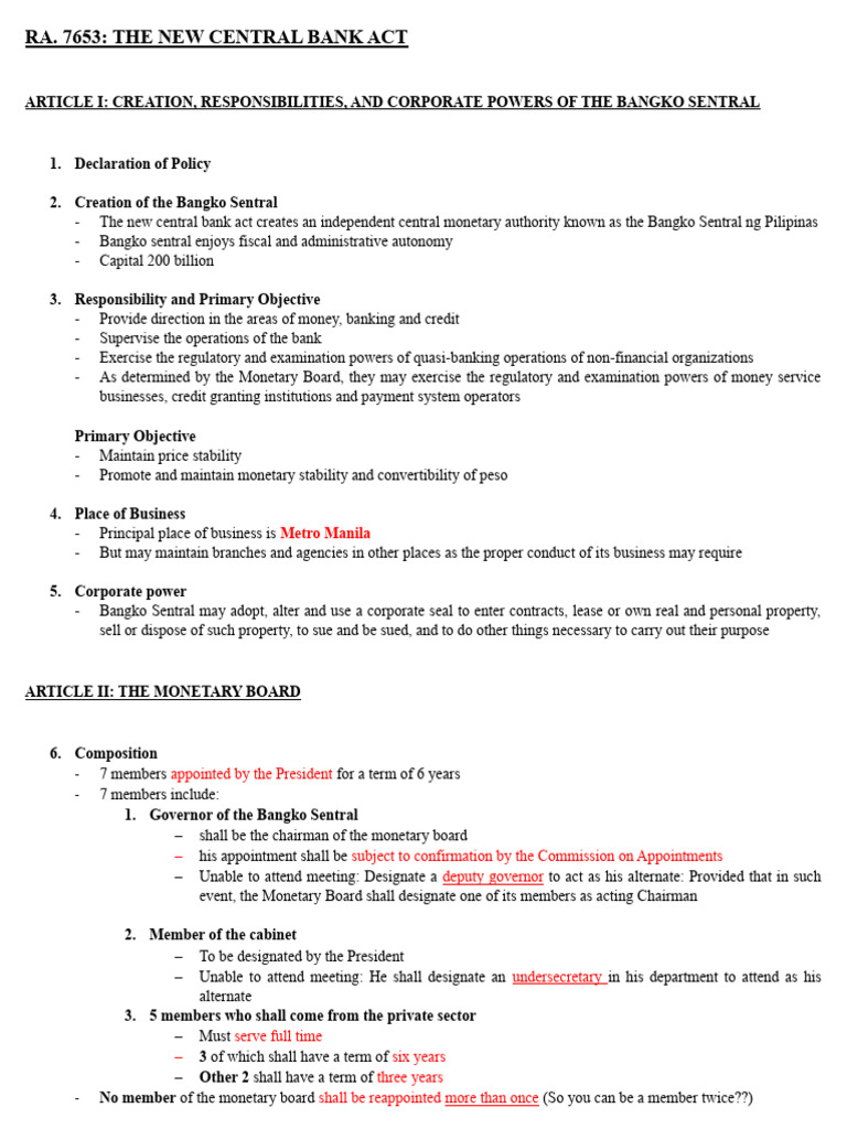 New Central Bank Act | PDF | Banks | Business