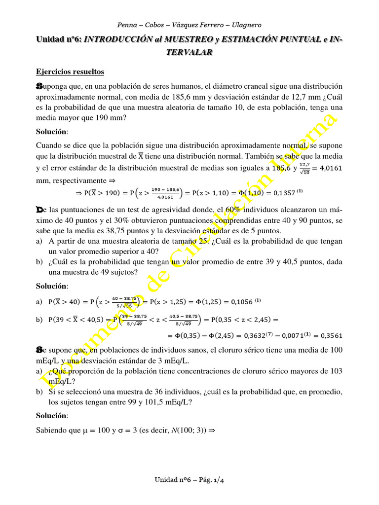 Guia de Trabajos Practicos - Unidad 6 (Muestreo y Estimacion Puntual e Intervalar) | PDF ...