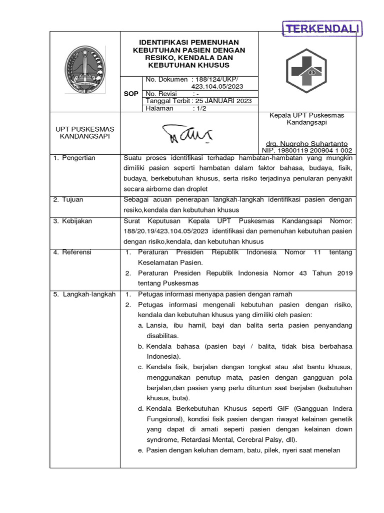 Sop Identifikasi Dan Pemenuhan Kebutuhan Pasien | PDF