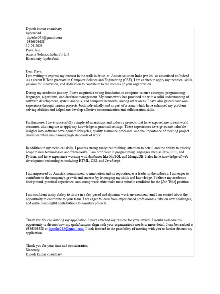 Cover Letter Dipesh Kumar Chaudhary | PDF | Computer Programming | Computer Science