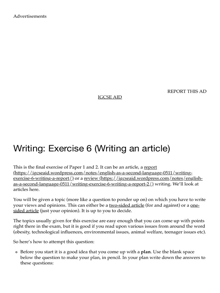 Writing - Exercise 6 (Writing An Article) - IGCSE AID | PDF | Argument ...