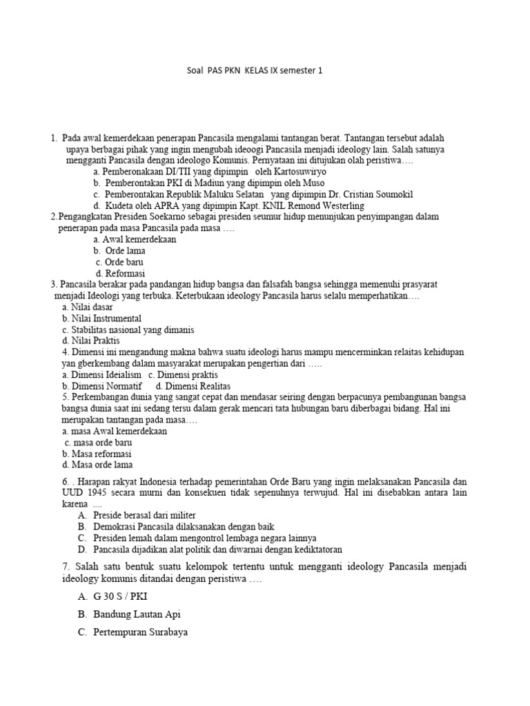 Soal PAS PKN KELAS IX semester 1 | PDF