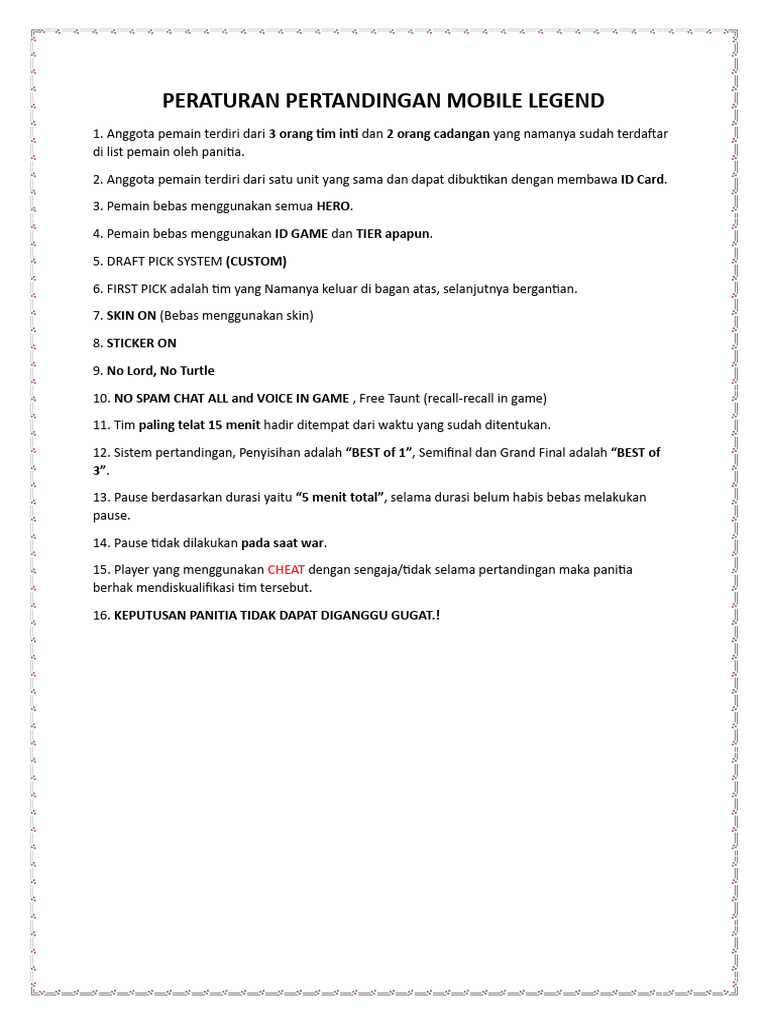 Peraturan Pertandingan Mobile Legend | PDF | Game & Aktivitas